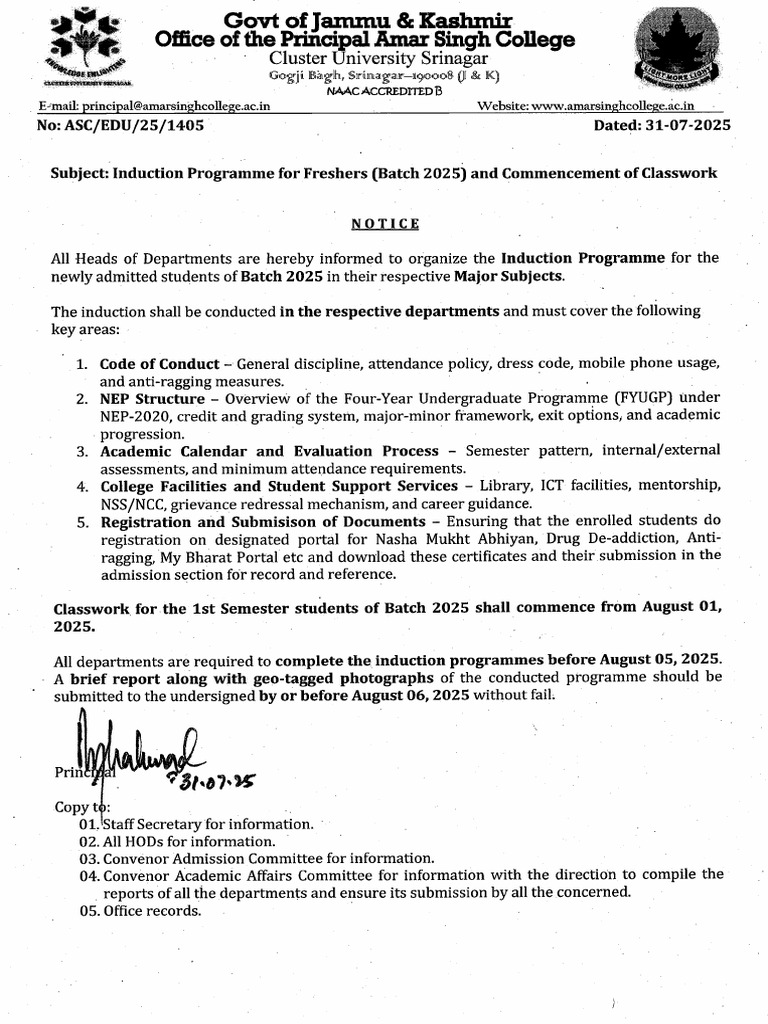 Induction Programme For Freshers (Batch 2025) and Commencement of ...