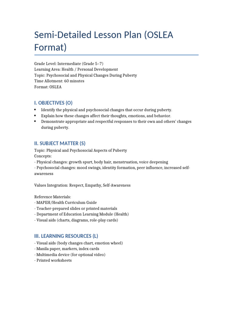 Semi-Detailed Lesson Plan Psychosocial Physical OSLEA | PDF | Lesson ...