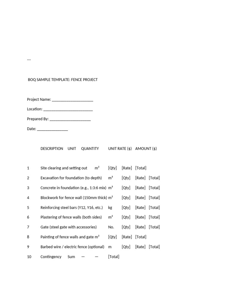 Fence Project BOQ Sample Template | PDF
