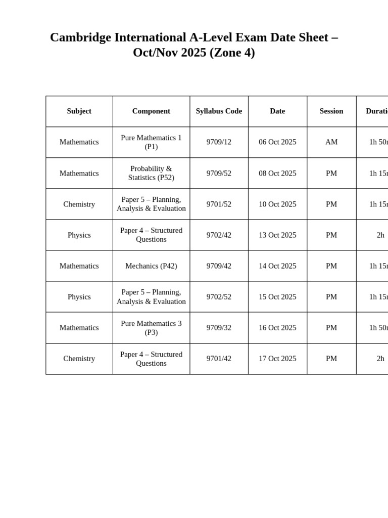 A-Level Date Sheet Oct/Nov 2025 | PDF
