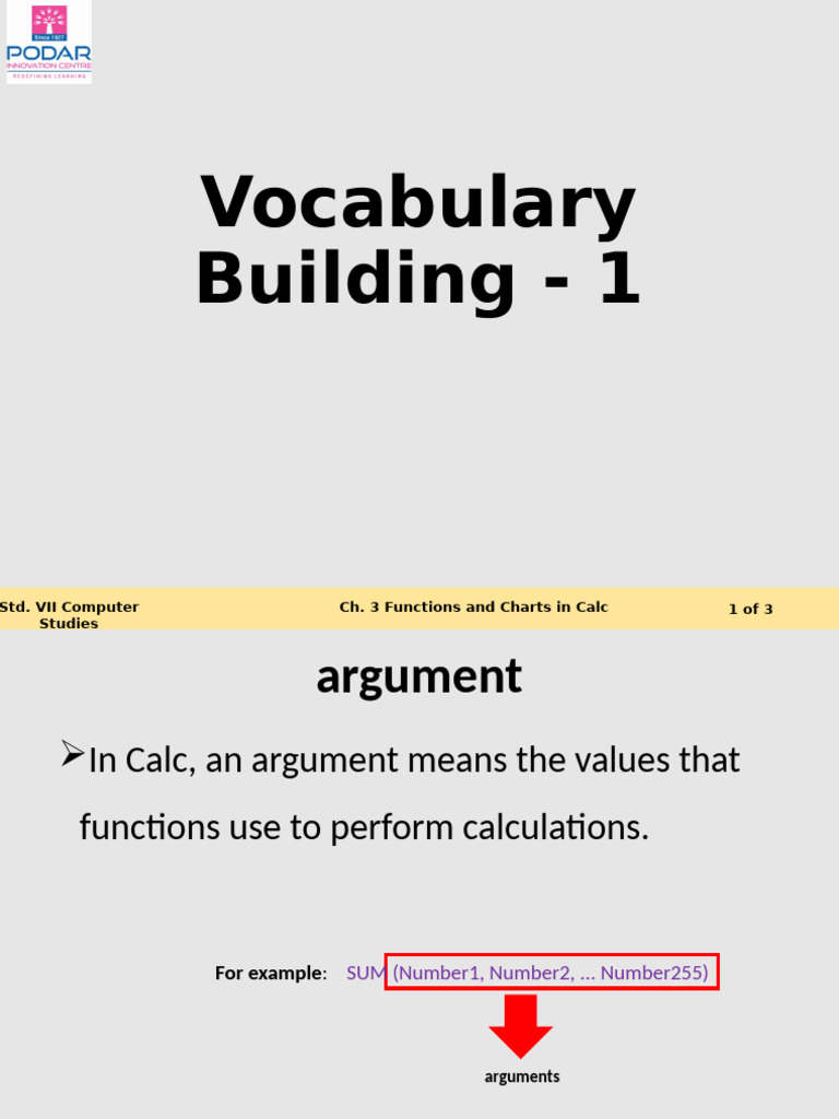 CB - VII - CS - Ch. 3 Functions and Charts in Calc - Vocabulary Builder | PDF