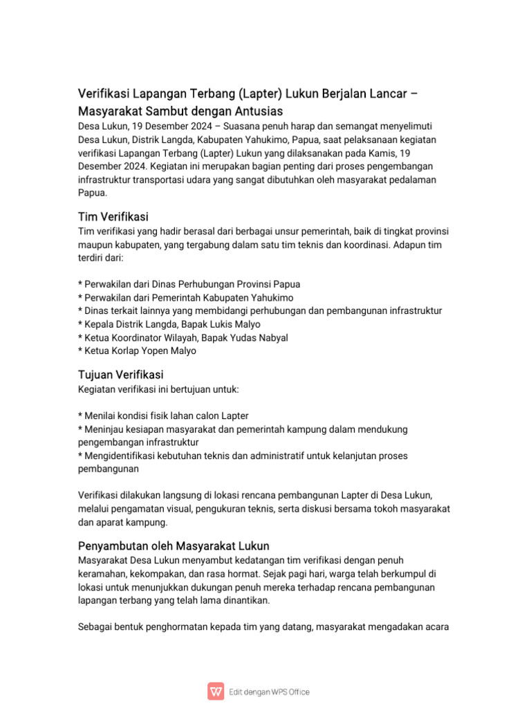 Verifikasi Lapter Lukun Distrik Langda Kabupaten Yahukimo | PDF