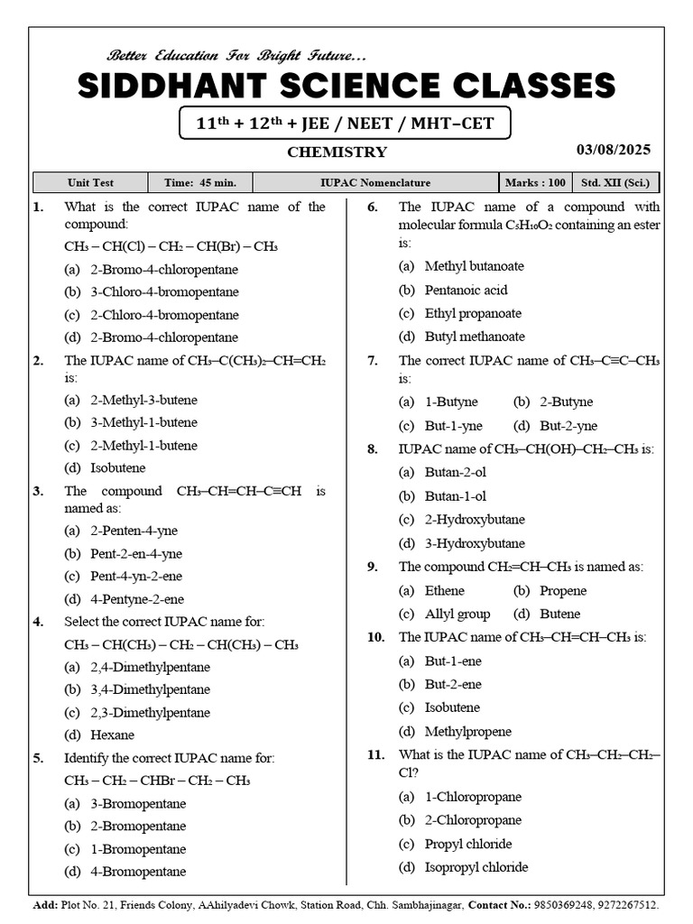 Unit Test IUPAC Nomenclature Chemistry (03!08!2025) | PDF | Chemistry ...