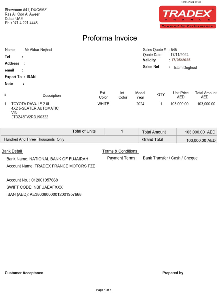 Proforma Invoice for 2024 Toyota RAV4 | PDF | Anti Lock Braking System ...
