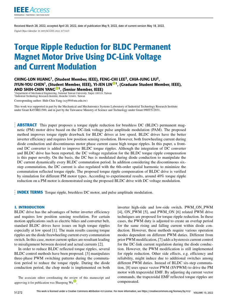 Torque Ripple Reduction for BLDC Permanent Magnet Motor Drive Using DC-Link Voltage and Current ...
