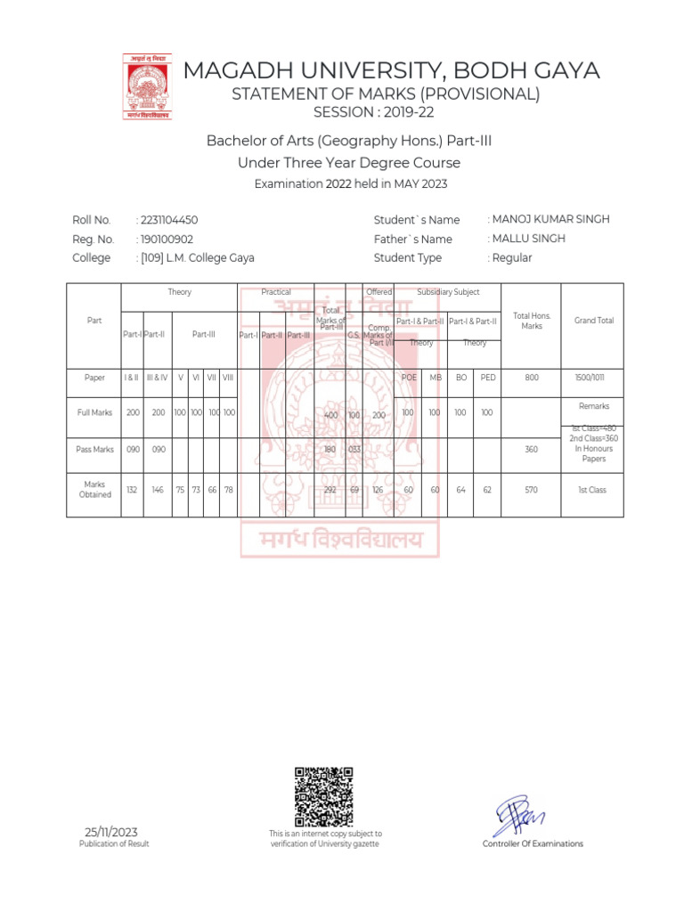 Marksheet - Magadh University, Bodh Gaya - PDF - 20250723 - 161209 - 0000 | PDF | Academic ...
