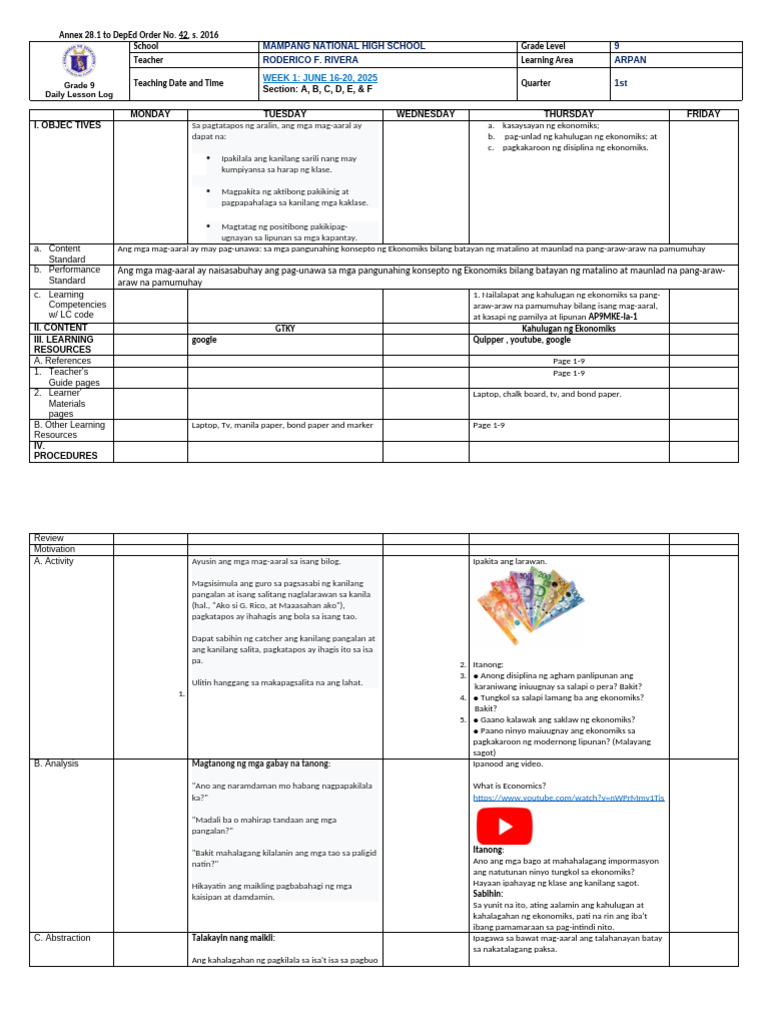DLL - Week 1. 1stQ - Copy | PDF