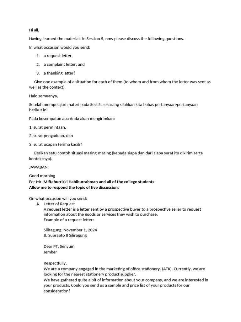 Examples of Request, Complaint, Thanking Letters | PDF