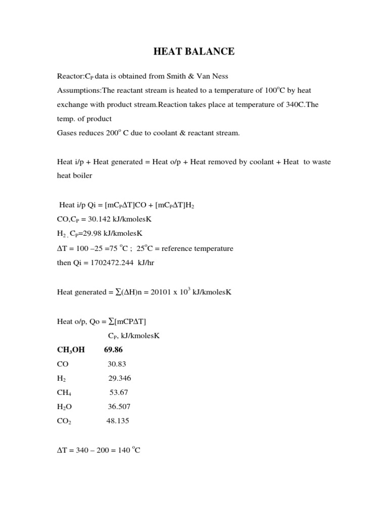 Heat Balance Calculation for Reactor System | PDF | Science & Mathematics