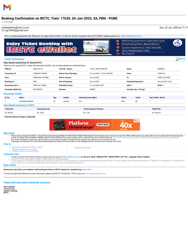 IRCTC Train Booking Confirmation 17630 | PDF | Service Industries