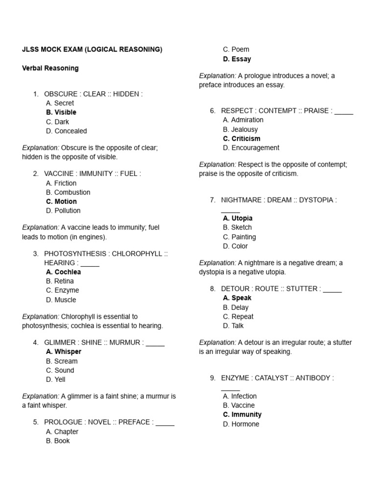 Jlss Logical Reasoning Answer Key | PDF