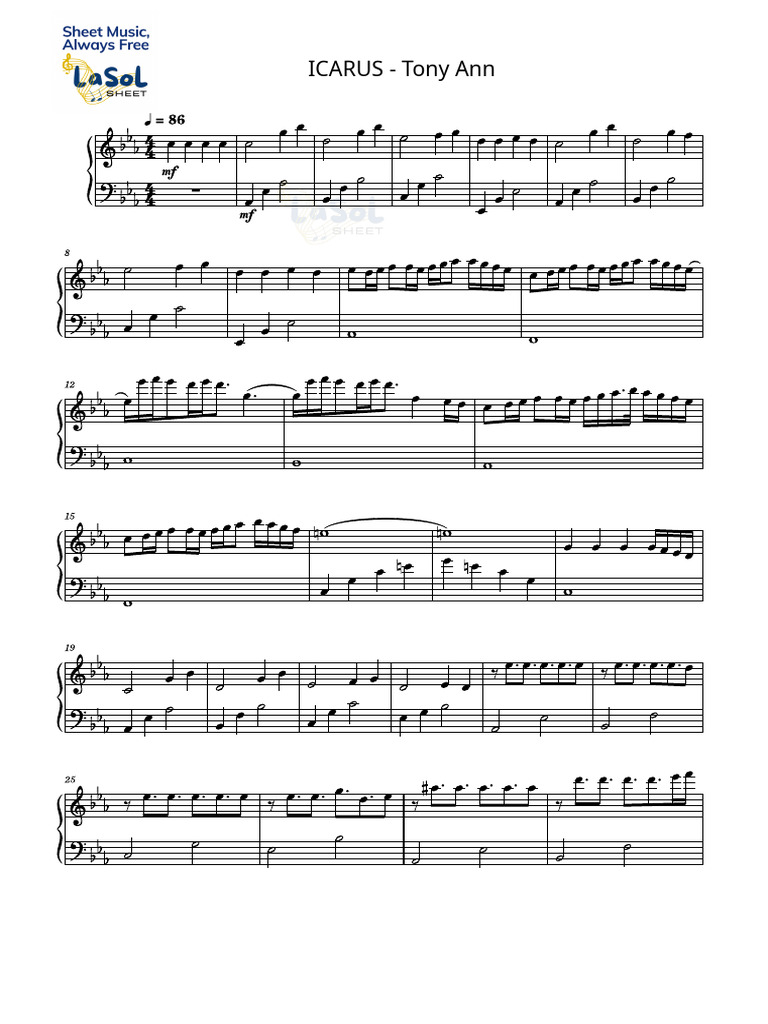 (Lasolsheet) Icarus - Tony Ann Piano Sheet Music (Beginner) PDF | PDF