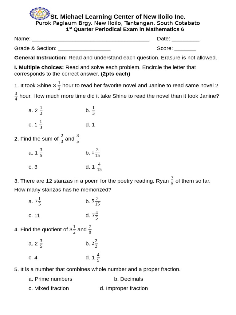 1st Quarter Unit Test in Mathematics 6 | PDF | Numbers | Number Theory