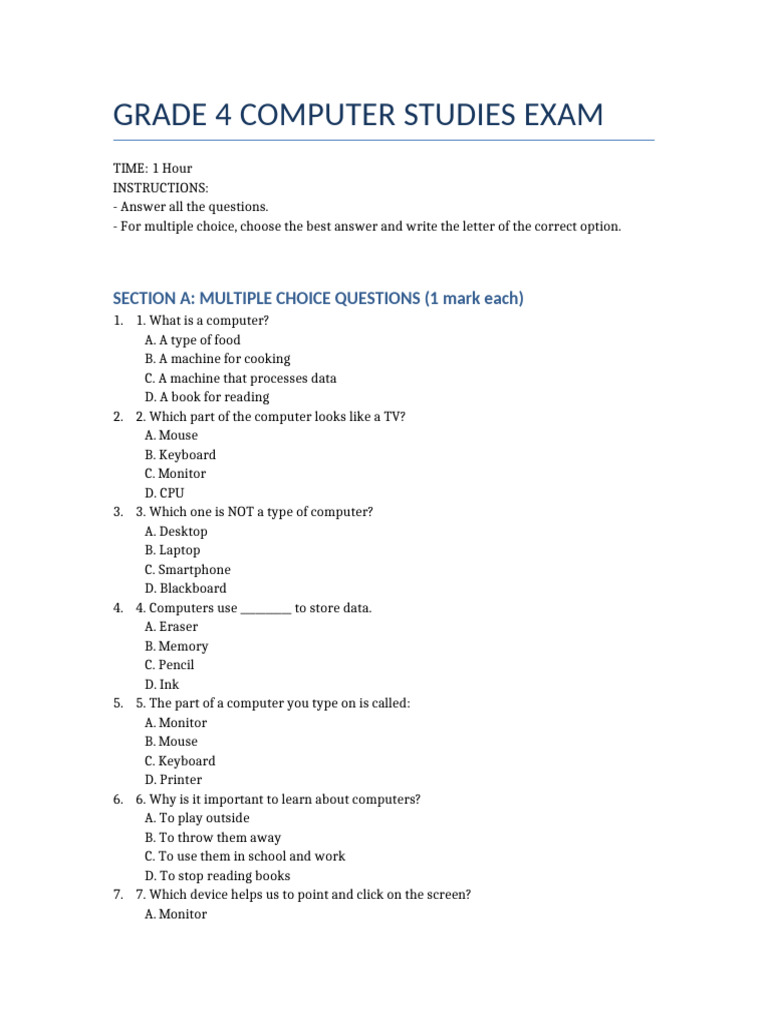 Grade 4 Computer Studies Exam | PDF | Computer Data Storage | Random ...