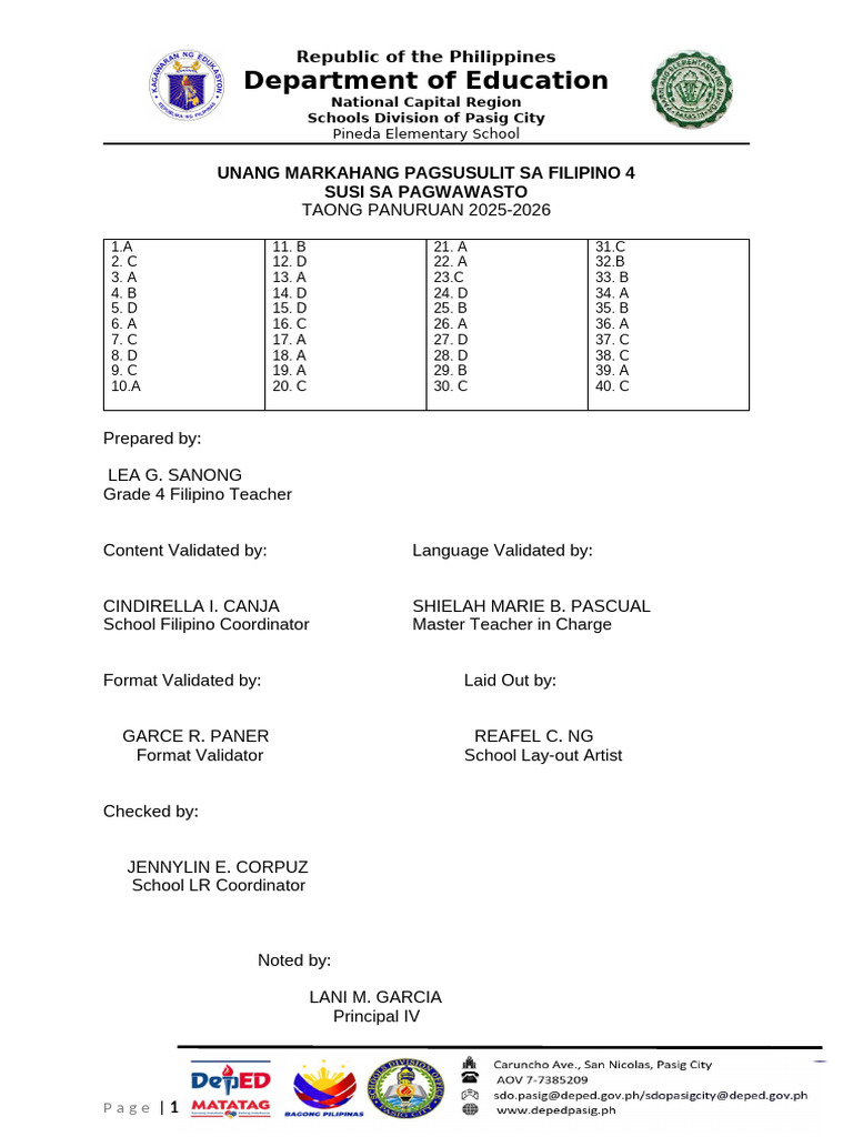 Grade 4 Filipino 1st Quarter Answer Key | PDF