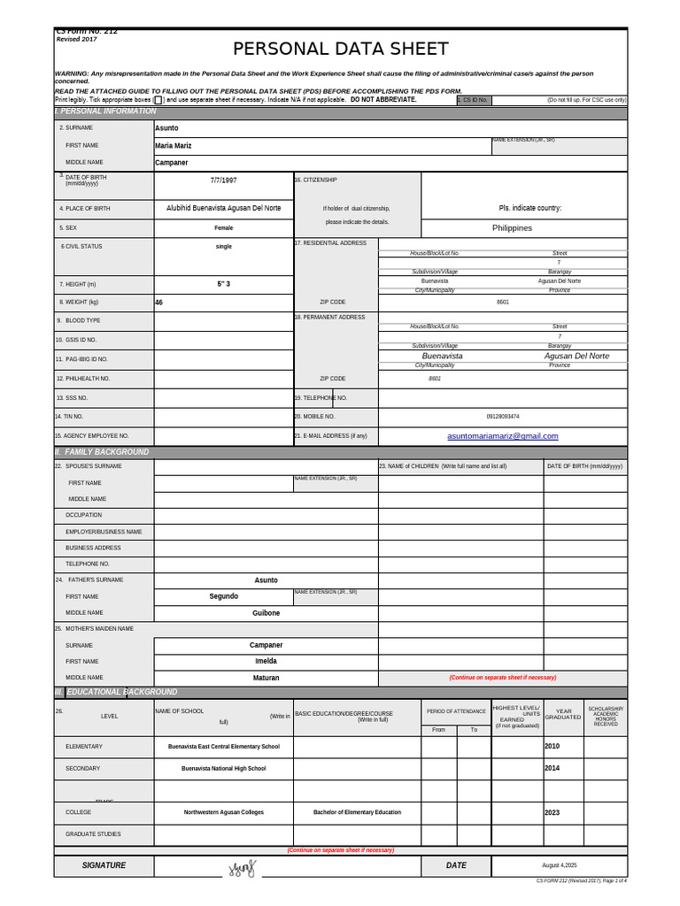 Personal Data Sheet (PDS) Example | PDF | Government | Justice