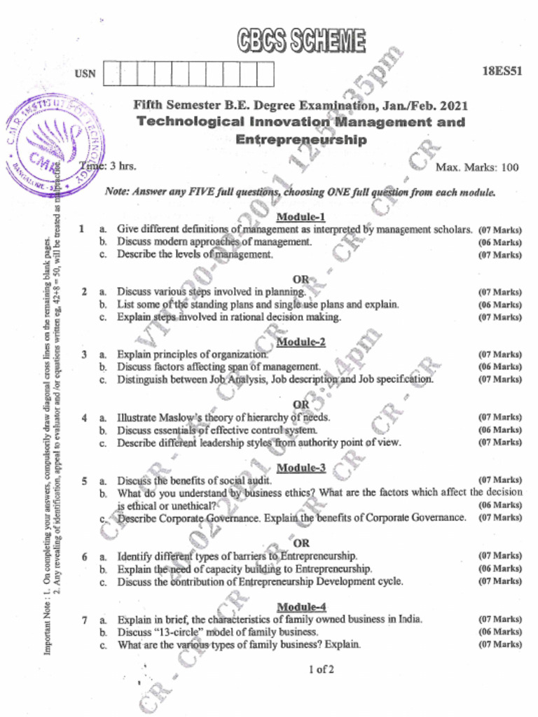 VTU Question Paper of 18ES51 Technological Innovation Management and ...