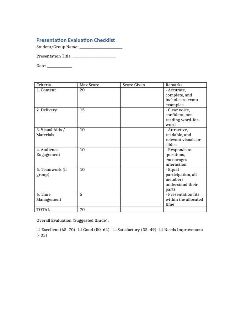 Presentation Skills Evaluation Checklist | PDF