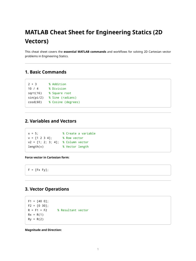 Matlab Statics Cheat Sheet | PDF