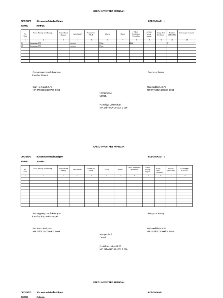 Sop Pembuatan Kartu Inventaris Ruangan 5260 | PDF