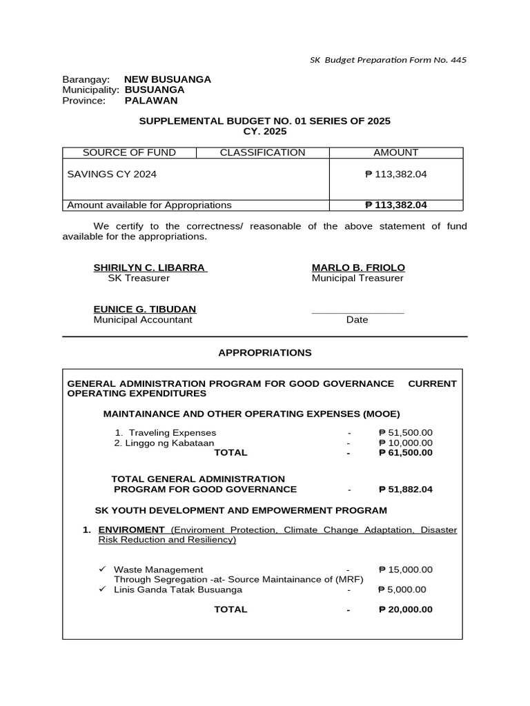 Barangay Budget Preparation Form No. 01 2025 | PDF | Natural Environment