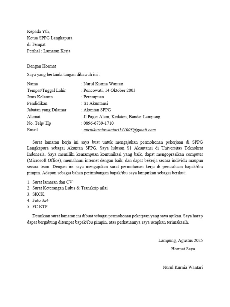 Surat Lamaran Kerja SPPG | PDF
