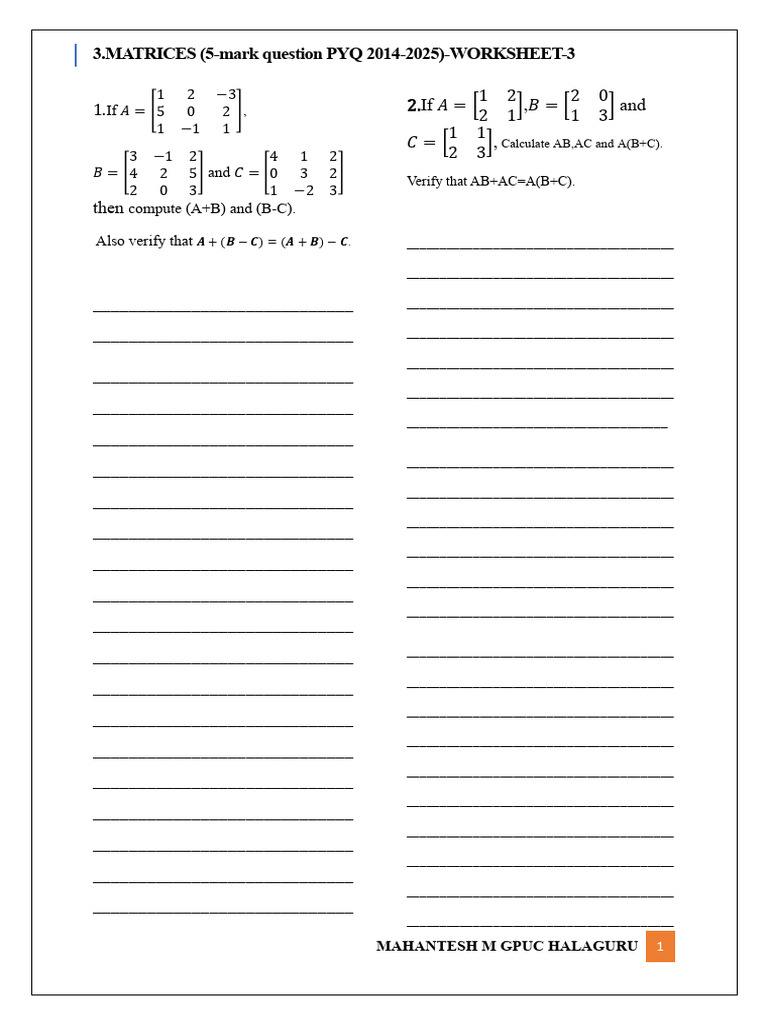 3.Matrices -9 Mark Worksheet 3-1 | PDF | Chess Theory | Chess