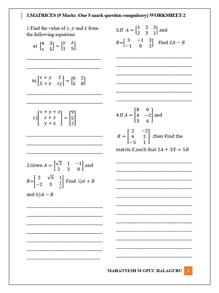 Matrix Equations and Operations Worksheet | PDF | Matrix (Mathematics ...