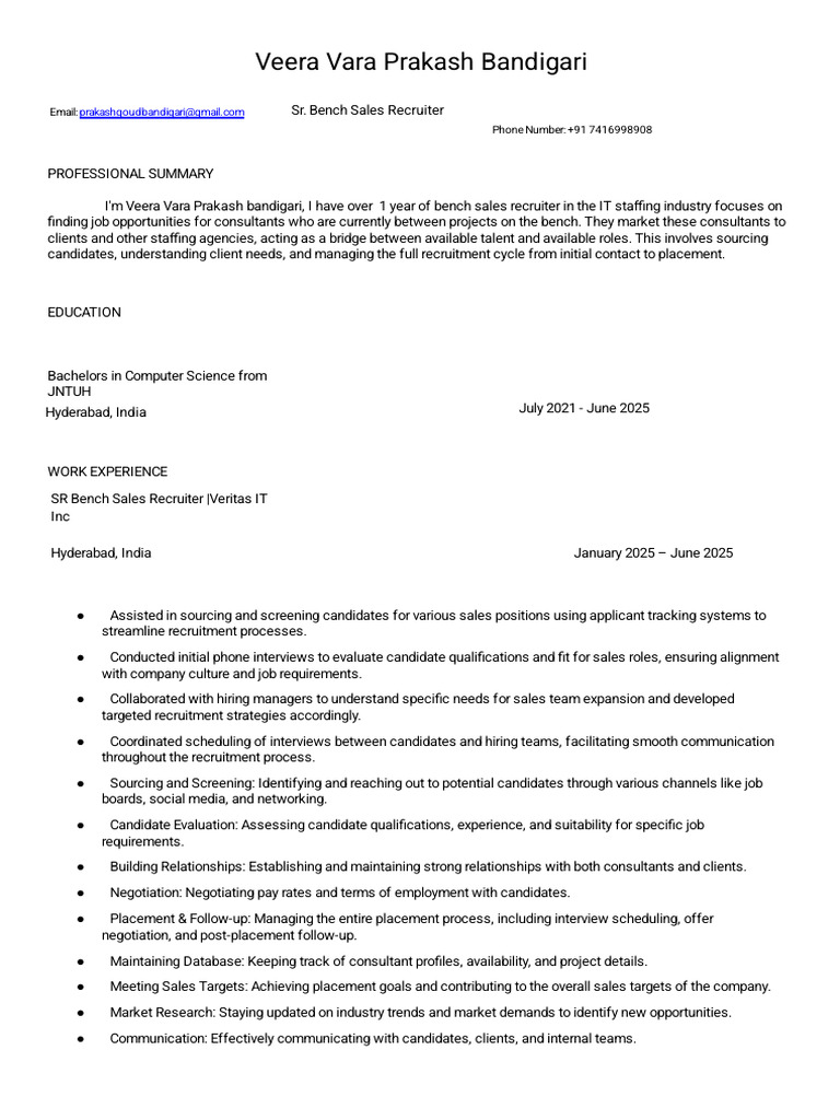 Prakash Bandigari Resume | PDF | Recruitment | Business