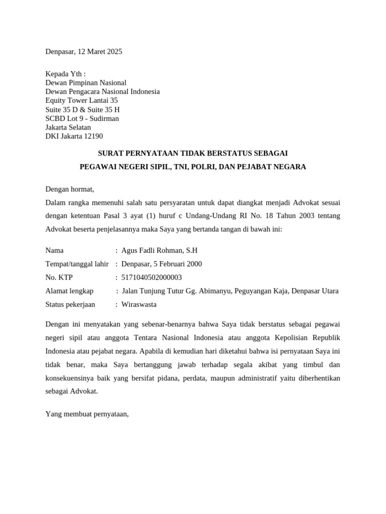 Surat Pernyataan Status Pekerjaan Advokat | PDF