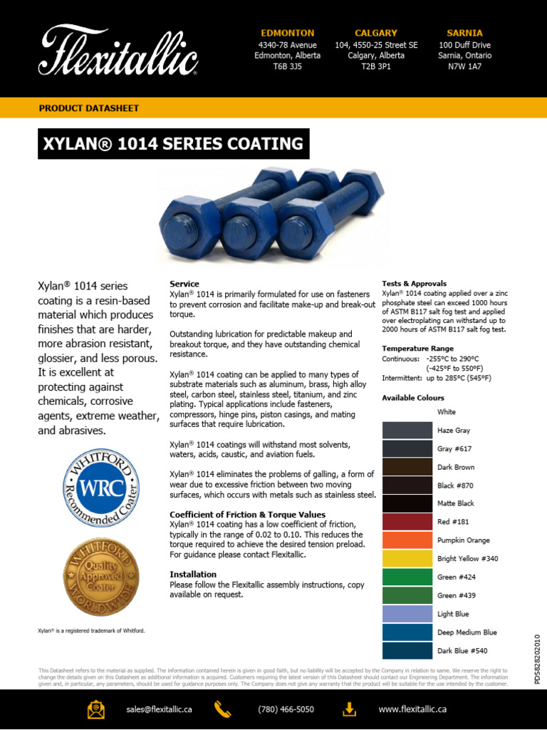 Flexitallic Datasheet Xylan 1014 色号 | PDF | Corrosion | Materials