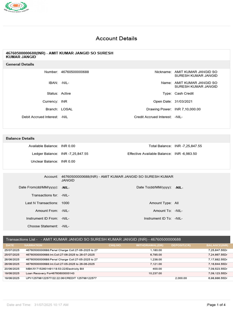 Account Summary for Amit Kumar Jangid | PDF | Debits And Credits | Banking