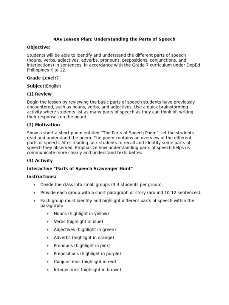 4As Lesson Plan: Parts of Speech for 7th Grade | PDF | Part Of Speech ...