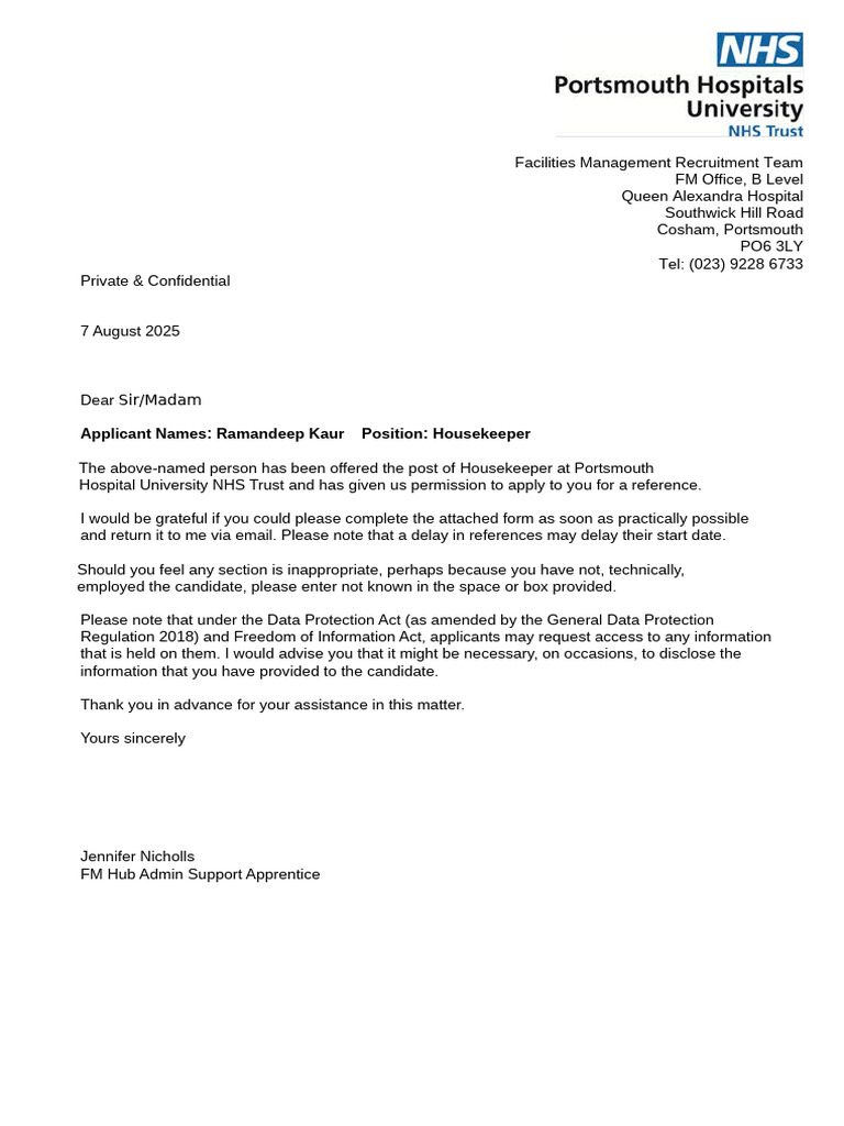 NHS Reference Request for Housekeeper | PDF | Justice | Crime & Violence