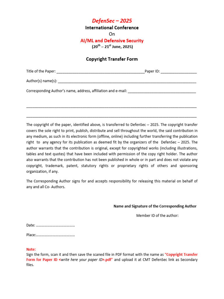 DefenSec 2025 Copyright Transfer Form | PDF