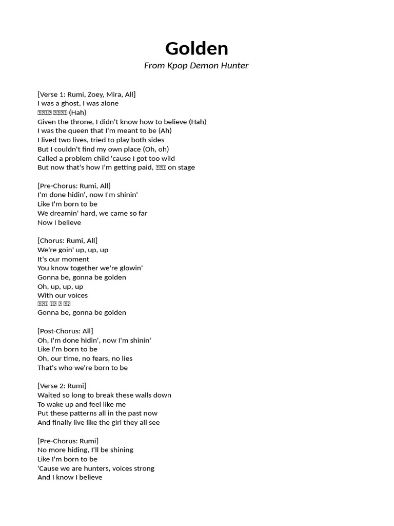 Golden Lyrics - Kpop Demon Hunters | PDF