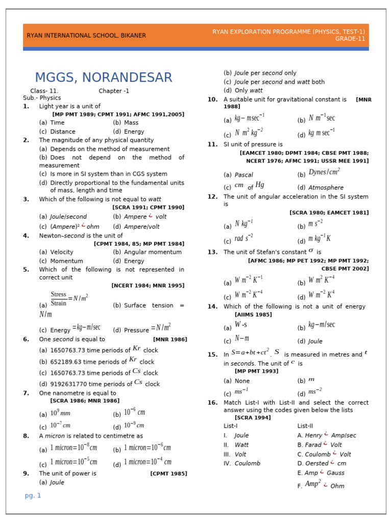 RYAN Physics Test 1 - Grade 11 | PDF | Watt | International System Of Units