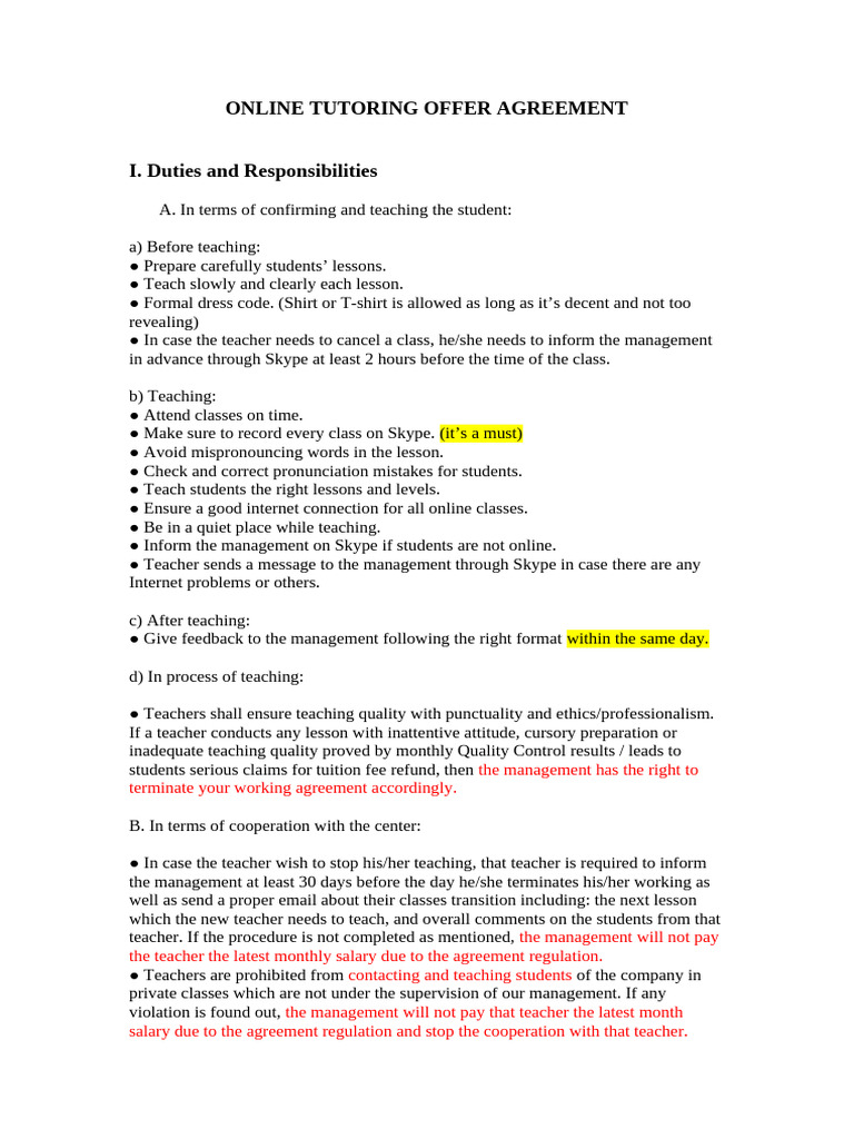 New Online Tutoring Agreement | PDF | Teachers | Human Communication