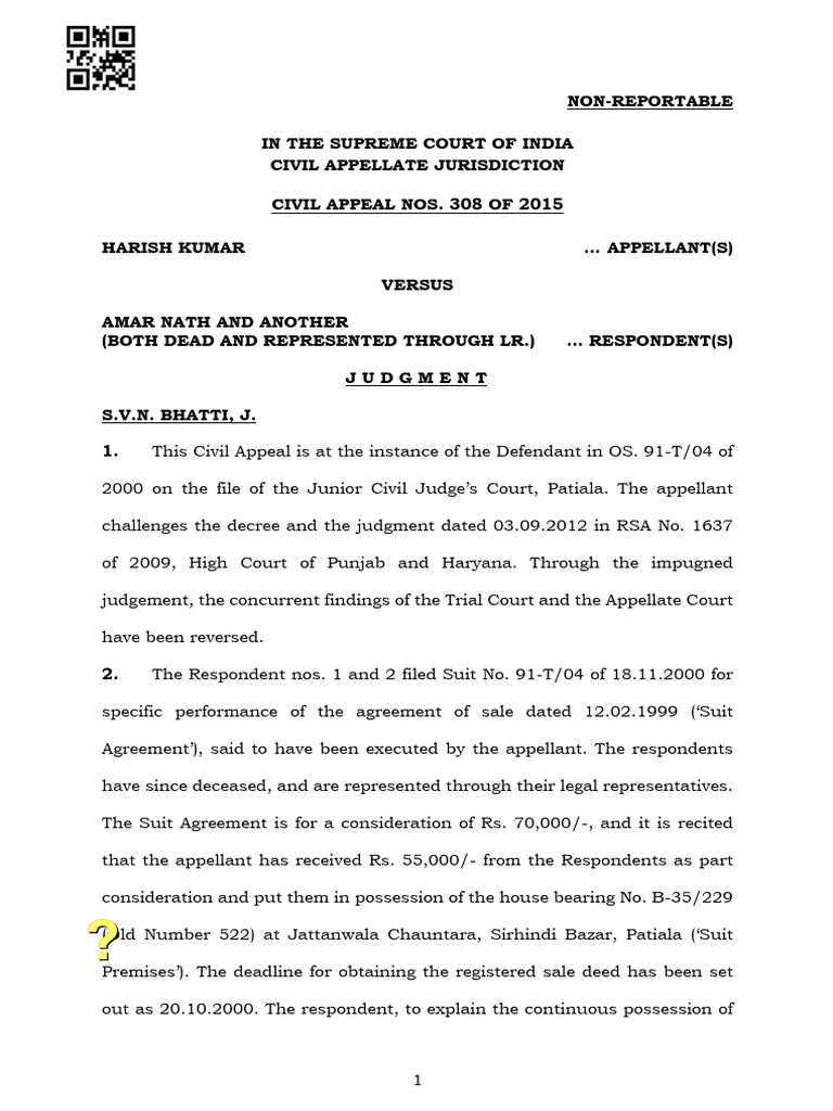 Harish Kumar Vs Amar Nath 2025 INSC 924 Specific Performance Burden Onus of Proof | PDF ...