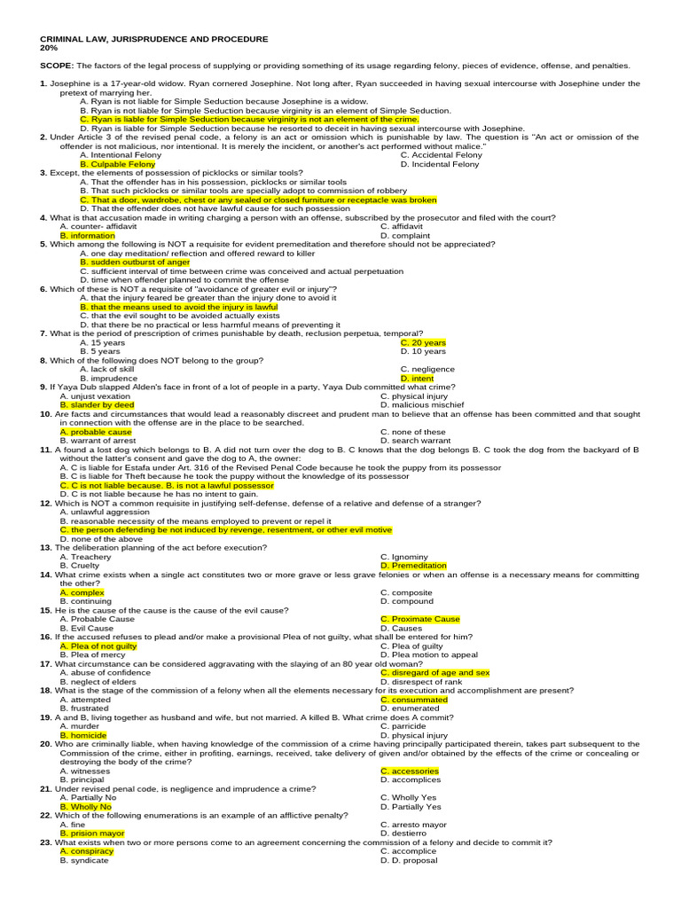 Criminal Law and Procedure Quiz | PDF | Crimes | Crime & Violence