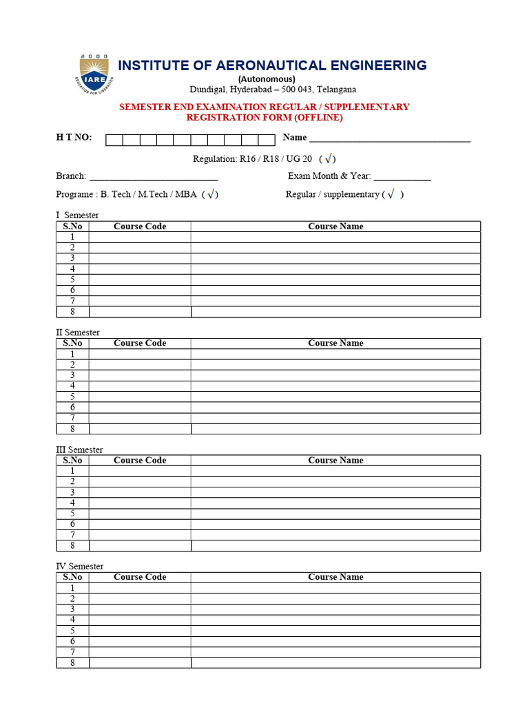 Semester End Examination Regular Supplementary Registration Form | PDF