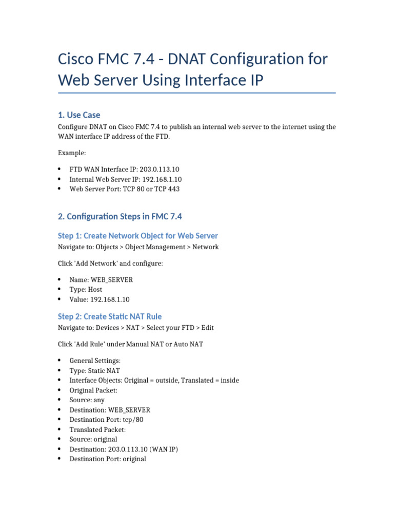 DNAT Setup for Web Server on Cisco FMC | PDF