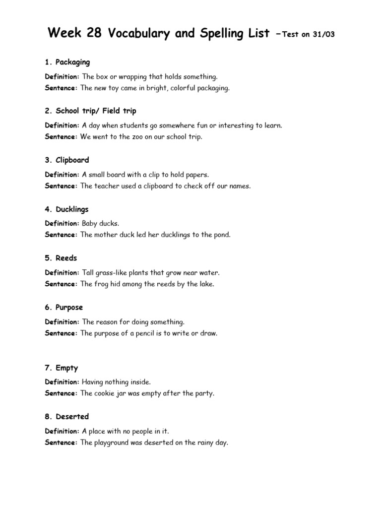Week 28 Vocabulary and Spelling List - Test On 31 - 03 | PDF