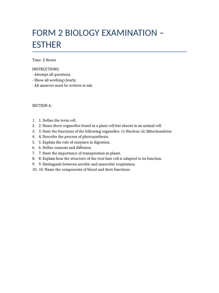 Form 2 Biology Exam Questions | PDF