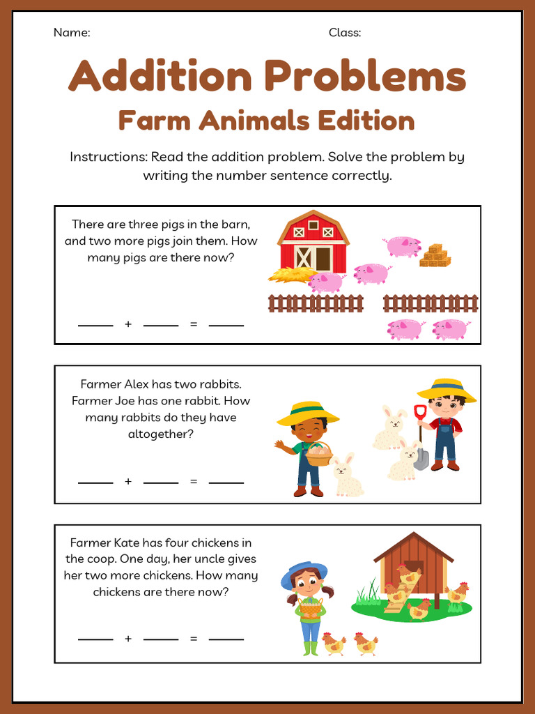 Farm Animals Addition Problems Math Worksheet in Brown Colorful Style | PDF