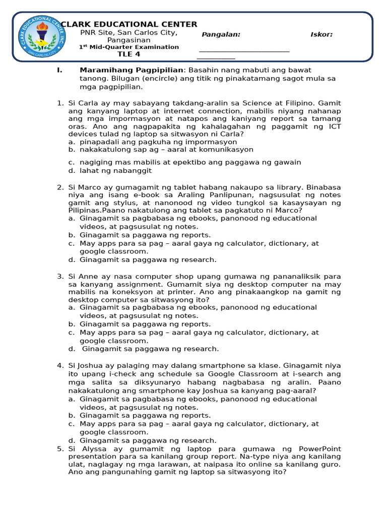 1st Mid Quarter Exam in TLE 4 | PDF