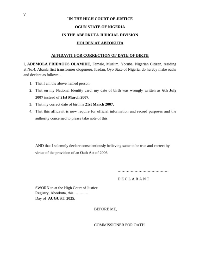 Affidavit for Date of Birth Correction | PDF