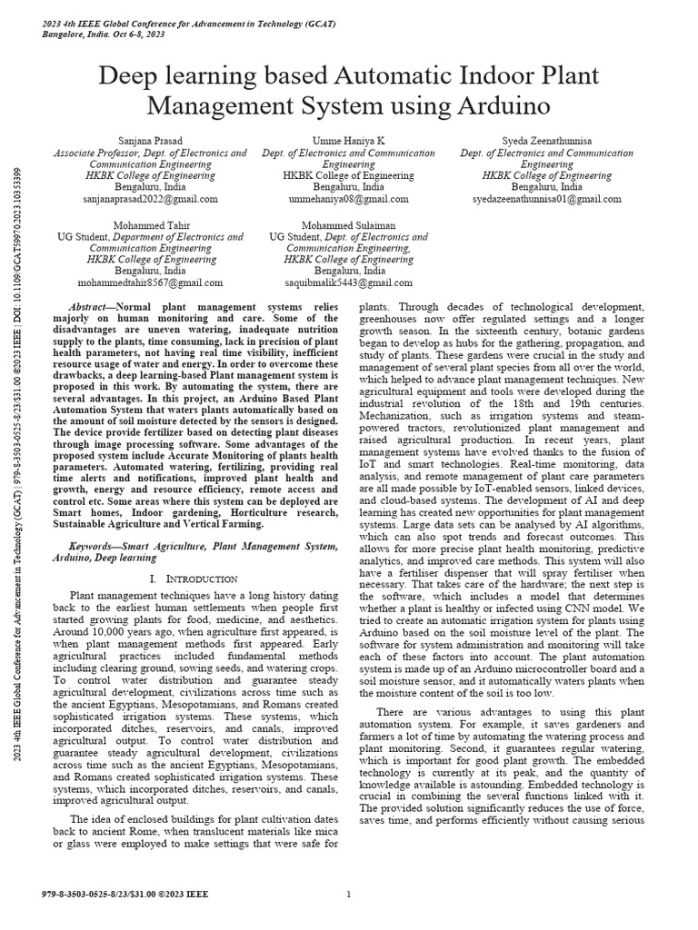 Deep Learning Based Automatic Indoor Plant Management System Using Arduino | PDF