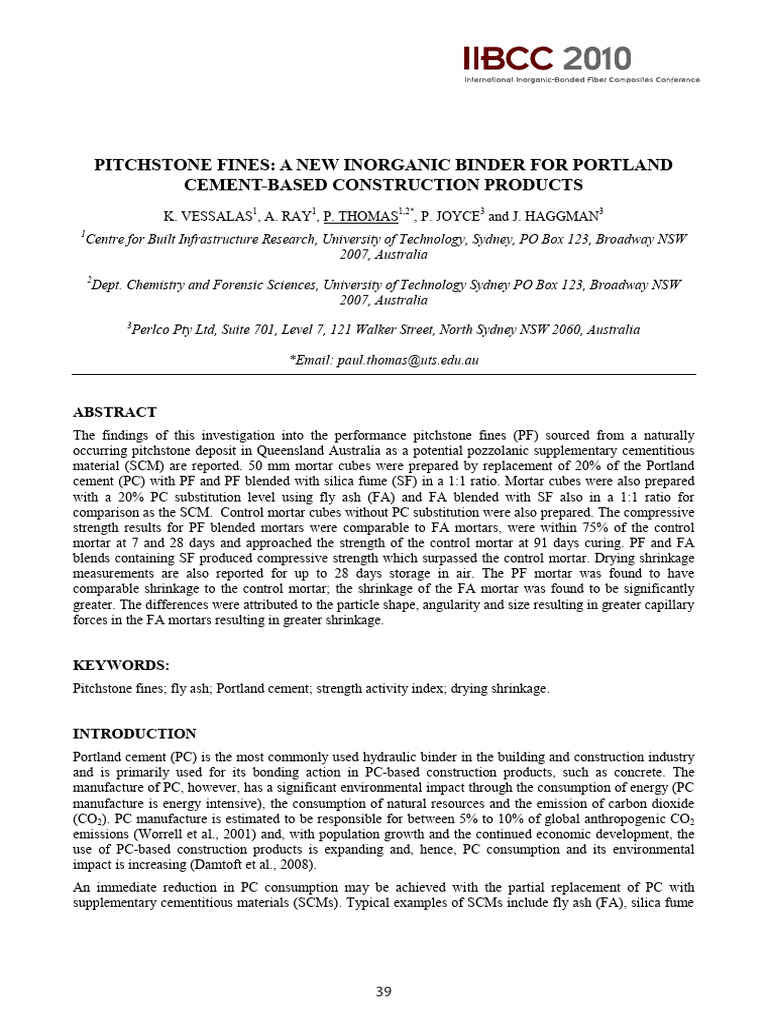 PITCHSTONE FINES: A NEW INORGANIC BINDER FOR PORTLAND CEMENT-BASED ...