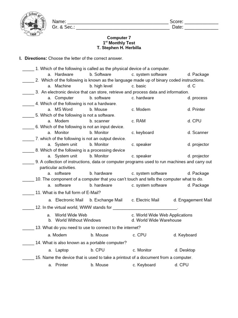 1st Monthly Test in Computer 7 | PDF | Computer Hardware | Office Work